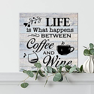 Coffee Wine Sign Wall Art Prints Canvas Painting Rustic Life is What Happens Between Coffee and Wine Print Country Home Kitchen Wine Bar Decor 8" x 8"