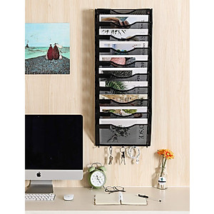 EasyPAG Hanging File Organizer Wall Mount 10 Pocket Vertical Wall Folder Holder Mail Organizer with 5 Key Hook for Office and Classroom,Black
