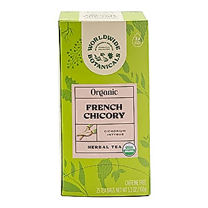 Worldwide Botanicals Organic French Chicory Root Tea – 50% more herbs with 3g per tea bag – Prebiotic Roasted Herbal Tea – Acid Free, Caffeine Free, Kosher, 25 tea bags
