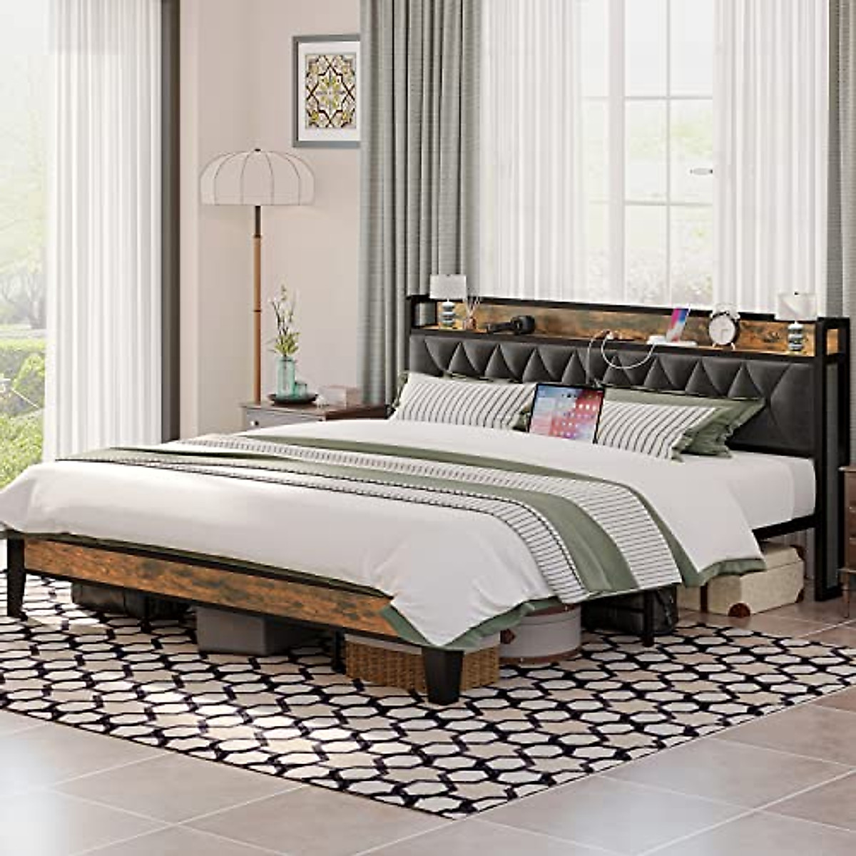 ANCTOR King Size Bed Frame, Storage Headboard with Outlets, Easy to Install, Sturdy and Stable, No Noise, No Box Springs Needed - Perfect for a Good Night's Sleep