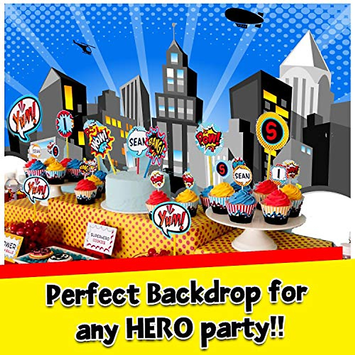 Bigtime Signs XL Superhero Backdrop with 6 Comic Action Word Photo Booth Props - Compliments Any Superhero Party Decorations - 4 x 6 ft - Cityscape Superhero Birthday Decorations Hangs on Wall Easily