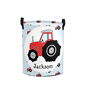 Grandkli Boy's Red Tractor Pattern Personalized Freestanding Laundry Hamper, Custom Waterproof Collapsible Drawstring Basket Storage Bins with Handle for Clothes, Toy, 50cm x 36cm