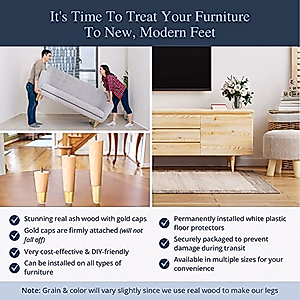 Ash Wood Furniture Legs With Gold Caps - Mid Century Legs For Sofa, Chair, Table, Dresser, Bed, Cabinet, Ottoman - Wooden Legs Are Easy To Install & Include Installation Hardware - Set of 4, 6 Inches