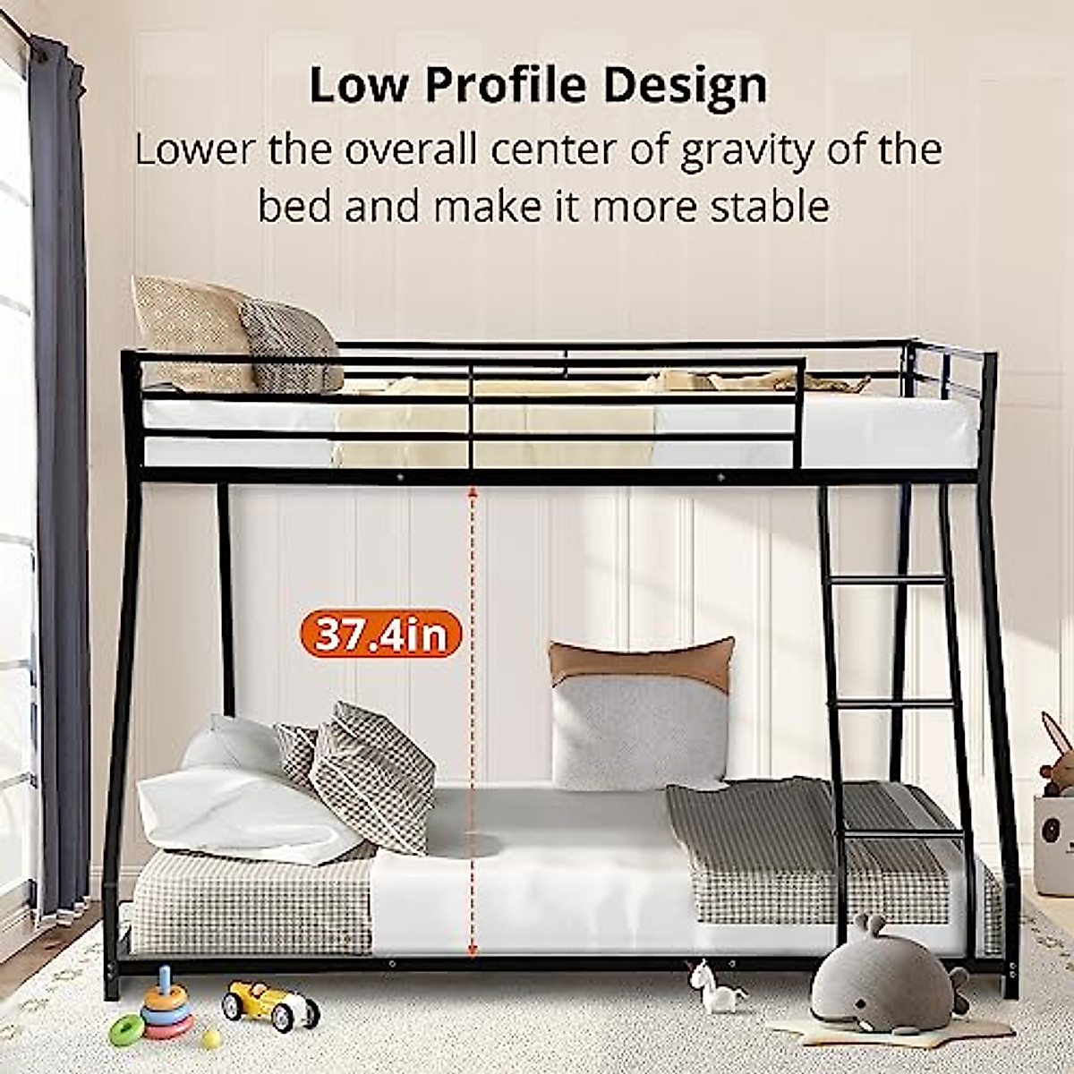 Metal Bunk Bed Frame, Twin Over Full Bunk Bed with Ladder and Full-Length Guardrail, Sturdy Support Slats for Teens Adults, Noise Free, Black