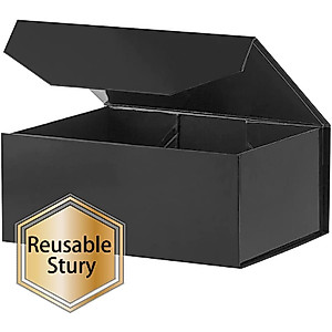 PACKGILO 1PCS Black Gift Box with Ribbon 9.5x7x4 Inches，Sturdy Gift Box with Lid for Gift Packaging, Foldable Magnetic Closure Storage Boxes, Bridesmaid proposal box, Rectangle Collapsible Box