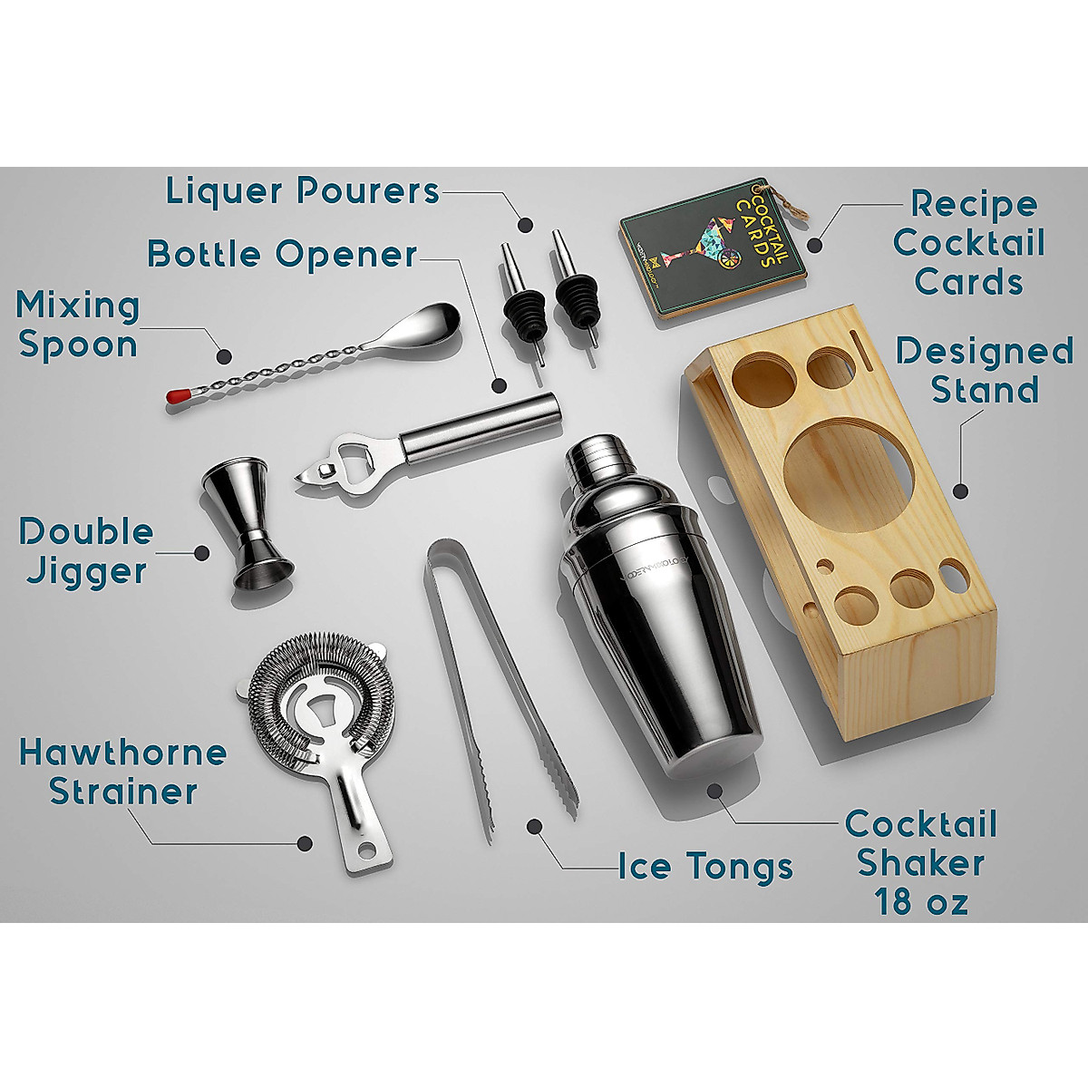 Modern Mixology Bartender Kit with Bamboo Stand - Cocktail Shaker Set and Bar Accessories for Home Bar, Drink Mixing, and Mixology Kit