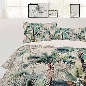 Lsrtoss Summer Palm Trees California King Duvet Cover Set, Vintage Botanical Tropical Leaves Microfiber 3 Piece Bedding Set with 2 Pillowcases & 1 Quilt Cover, 92" W x 106" L, California King Size