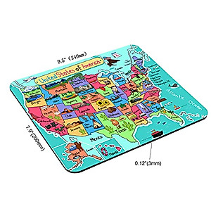 Map of The United States Mouse Pad, Cartoon Fun Facts Geography USA Map Mouse Pad Mouse Mat Square Mouse Pad Non Slip Rubber Base MousePads for Office Laptop, 9.5"x7.9"x0.12" Inch