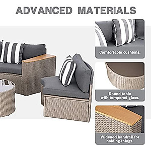 SOLAURA 5-Piece Patio Sectional Furniture Set Half-Moon Patio Set Grey Wicker Curved Outdoor Sofa with Grey Cushions & Round Glass Coffee Table (Pillow Included)
