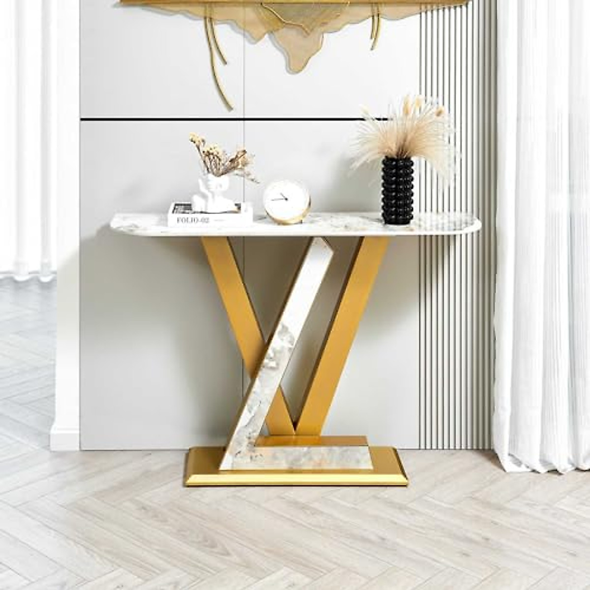 FRITHJILL 47.2" Modern Console Table with Metal Frame, Adjustable Foot Pads, and Sintered Stone Top for Entryway, Hallway, Living Room, and Office, Gold