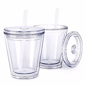 Maars Classic Acrylic Tumbler with Lid and Straw | 10oz Kids Premium Insulated Juice Cups, Double Wall Reusable Plastic Cups - Clear, 2 Pack