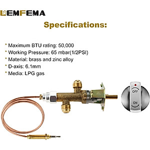Lemfema Low Pressure LPG Propane Gas Fireplace Fire Pit Flame Failure Safety Control Valve with Thermocouple Knob Switch Kit with 5/8”-18UNF(3/8" Flare Inlet & Outlet) for Propane Fire Pit, Fireplace