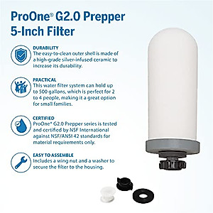 ProOne 5-inch Prepper Replacement Filter for ProOne Scout II Gravity Water Filtration System, Independently Tested Proven to Reduce PFAS