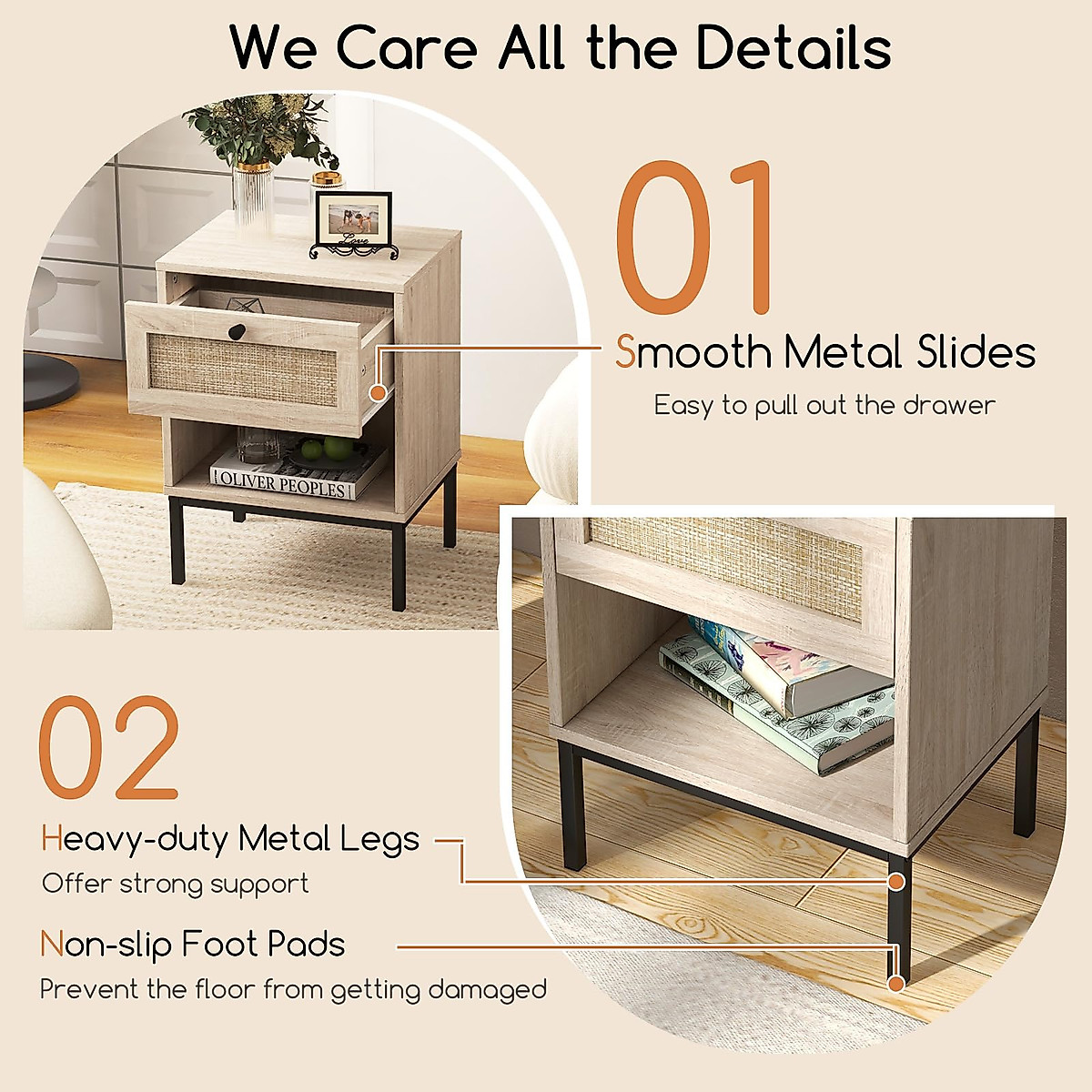 GOFLAME Rattan Nightstand Set of 2, Boho Bedside Table with Drawer & Open Shelf, Wooden End Table with Metal Legs, Farmhouse Sofa Side Table for Bedroom and Small Spaces, Oak