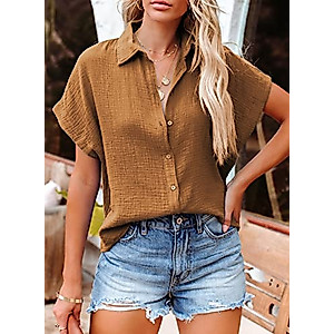 Dokotoo 2023 Fashion Summer Womens Solid V Neck Batwing Short Sleeve Shirts Button Down Cotton Office Workout Blouses Tops Resort Wear for Women Brown XL