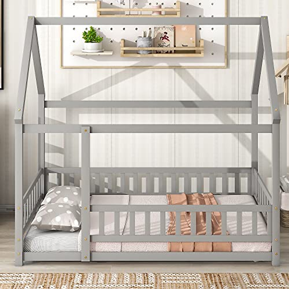 ZJIAH Full Size Floor Bed for Kids, Montessori Bed Frame Full Size with Fences, Wood Full Floor House Beds with Safety Guardrails for Teens Girls and Boys, No Box Spring Needed