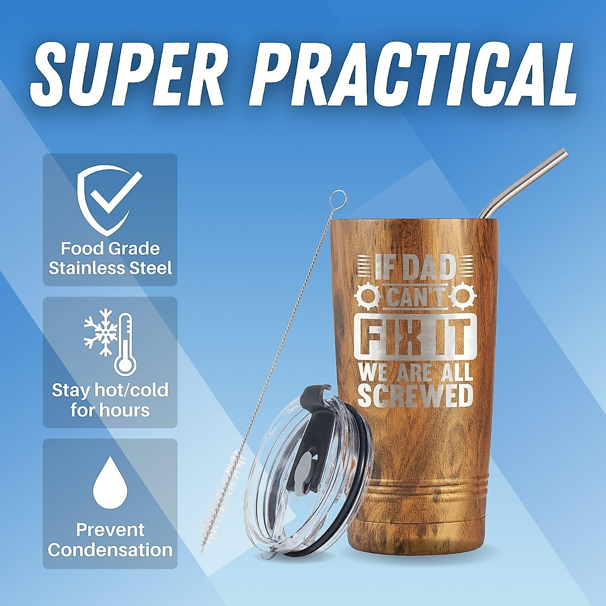 Onebttl If Dad Can't Fix It Tumbler, Funny Gifts for Father's Day, Birthday, Christmas from Daughter, Son, Wife, Stainless Steel Travel Mug 20oz, Wood Pattern