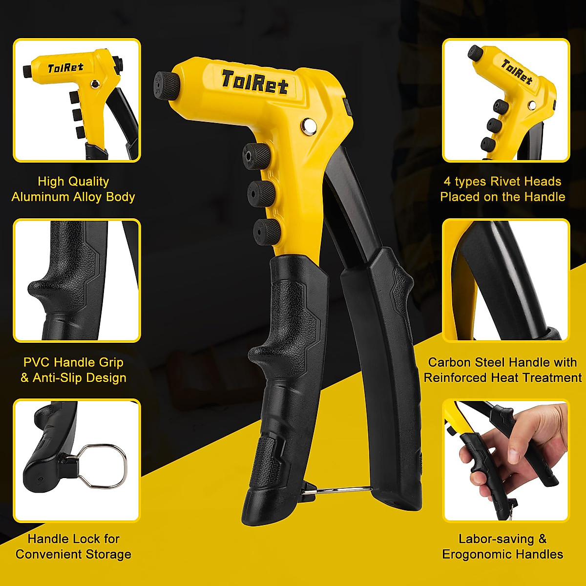 TOLRET Rivet Gun, Pop Rivet Gun Kit with 320 Pcs Rivets, Manual Rivet Tool with 4 Manual Interchangeable Nosepieces, Heavy Duty Hand Riveter for Metal, Wood, Plastic,TR-205