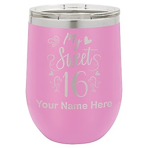 LaserGram Double Wall Stainless Steel Wine Glass Tumbler, My Sweet 16, Personalized Engraving Included (Light Purple)