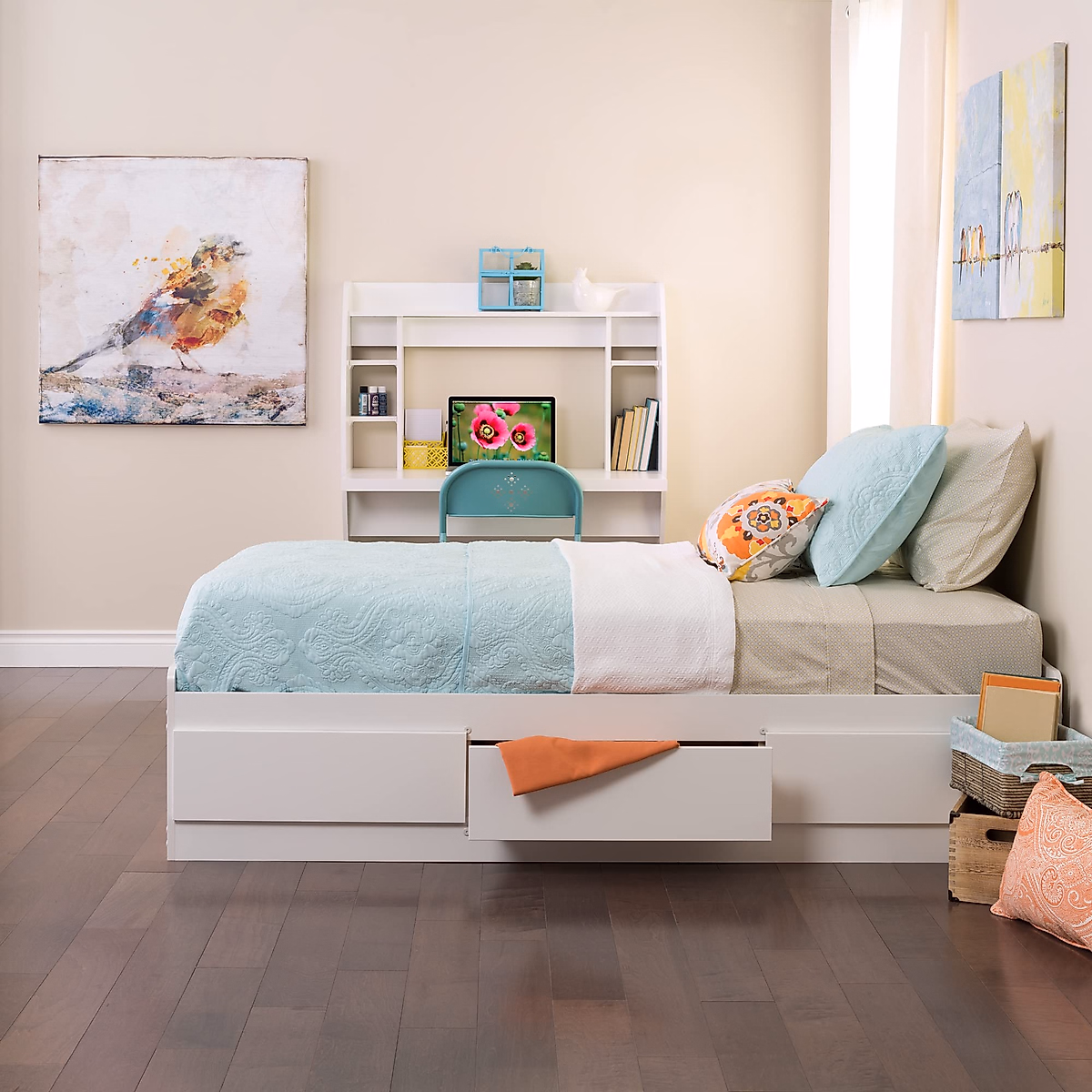 Prepac Mate's Twin 3-Drawer Minimalist Platform Storage Bed, Contemporary Twin Bed with Drawers 76.5" D x 41" W x 18.75" H, White, WBT-4100-2K