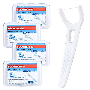 FAMILIFE Kid's Dental Floss Picks Without Fluoride,4 Travel Handy Cases Unflavored Flosser 120 Picks and Back Teeth Toothpicks Flossing Flossers Threaders Sticks with 4 Travel Handy Cases 120 Count