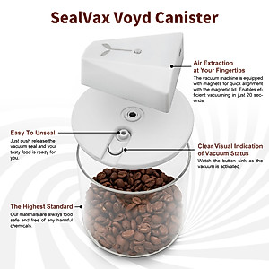 SealVax®Coffee Vacuum Canister- Vacuum Canister Coffee, Airtight Round Glass Storage Containers. Voyd vacuum canister, size large x 1 pcs + small x 1 pcs with vacuum sealer.