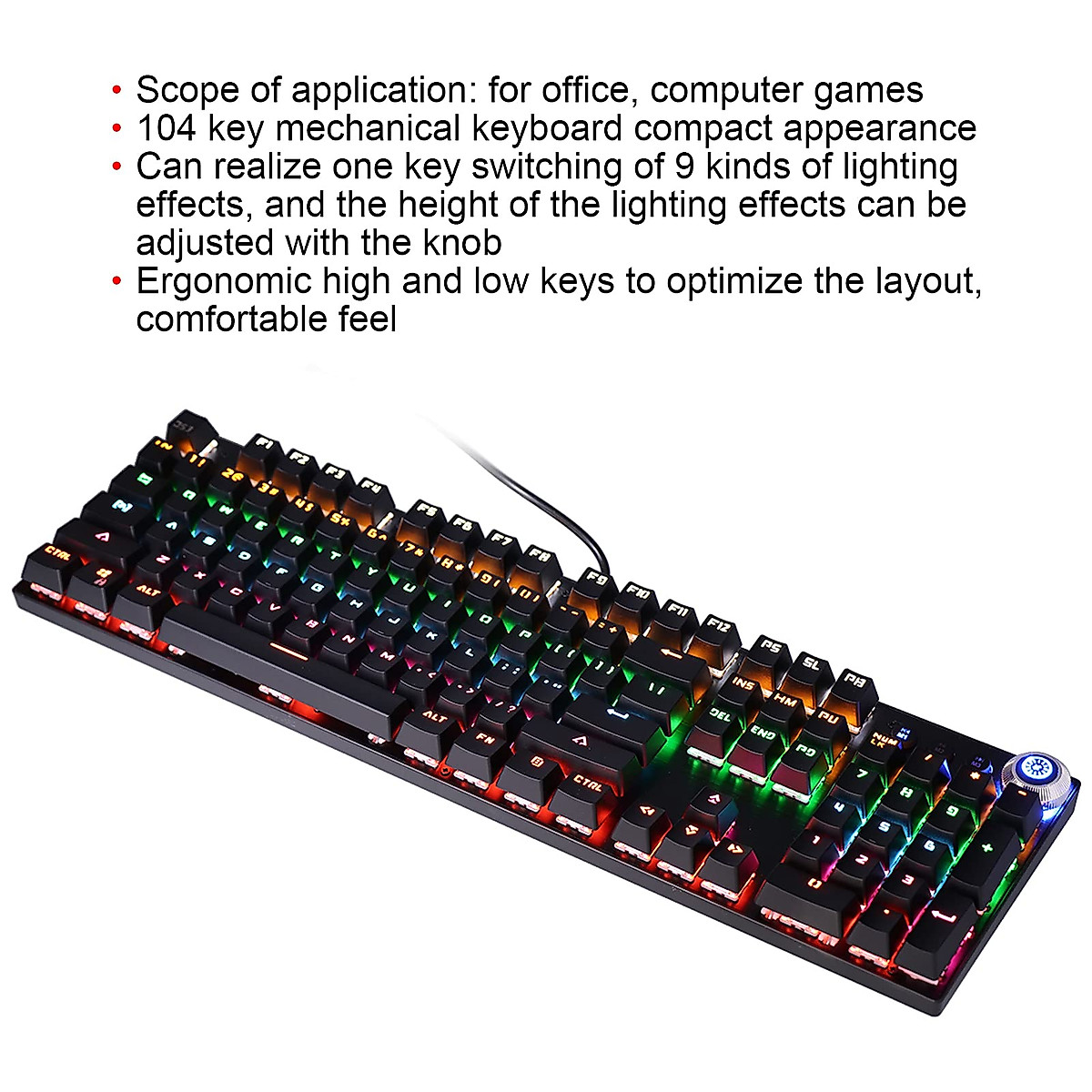 wendeekun Mechanical Illuminated Keyboard, 2 Color Injection 9 Lighting Effects Knob Version, Colorful Backlit Wired 104 Keys Gaming Keyboard