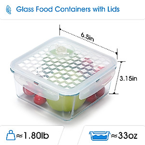 NUTRIUPS 33 Oz Glass Food Storage Containers with Lids, 5.2 Inch Meal Prep Glass Containers with Airtight Lids, Square Glass Bowls with Lids, Microwave, Oven, Freezer and Dishwasher Safe