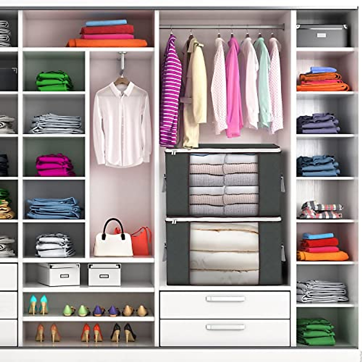 6 Pack 90L Large Storage Bags & 6 Pack 35L Clothes Storage Bags, Clothes Storage Bins Foldable Closet Organizers with Durable Handles with Clear Window for Clothes Pillow Blankets Bedding