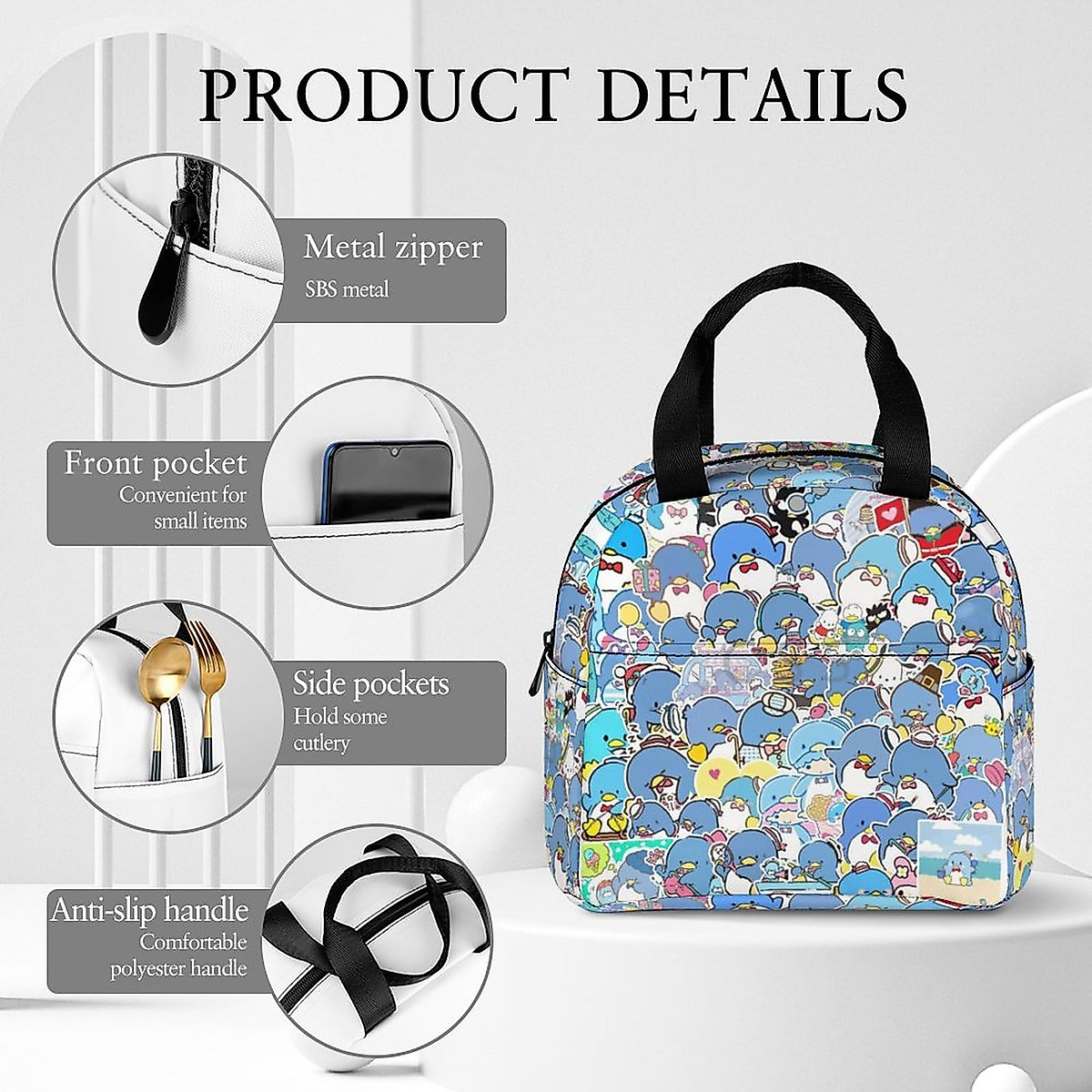 Cartoon Lunch Bag Tuxedosamm Lunch Tote Bag Portable Lunch Box With Pocket for Womens Men