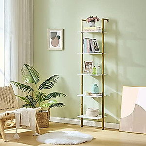 Tajsoon Industrial Bookcase, Ladder Shelf, 5-Tier Wood Wall Mounted Bookshelf with Stable Metal Frame, Open Display Rack, Storage Shelves for Bedroom, Home Office, Plant Flower, White & Gold