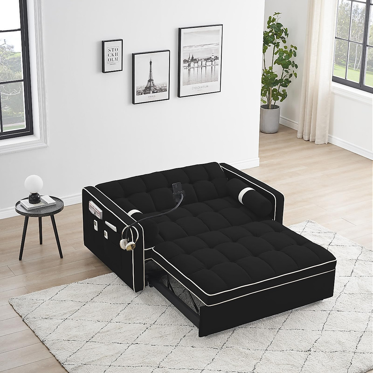 LITVZ Love Seat Sleeper Bed, 3 in 1 Convertible Sleeper Sofa Couch with Pull Out Bed, Velvet Futon Sofa Bed with Phone Holder, Pillows and Pockets for Living Room Apartment Small Place (Black)