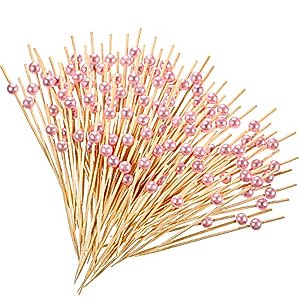 120 Counts Fancy Toothpicks for Appetizers Faux Pearl Charcuterie Cocktail Picks Wooden Decorative Toothpicks Handmade Sticks Long Appetizer Cocktail Sticks for Home Party, Dessert, Fruit (Rose Gold)