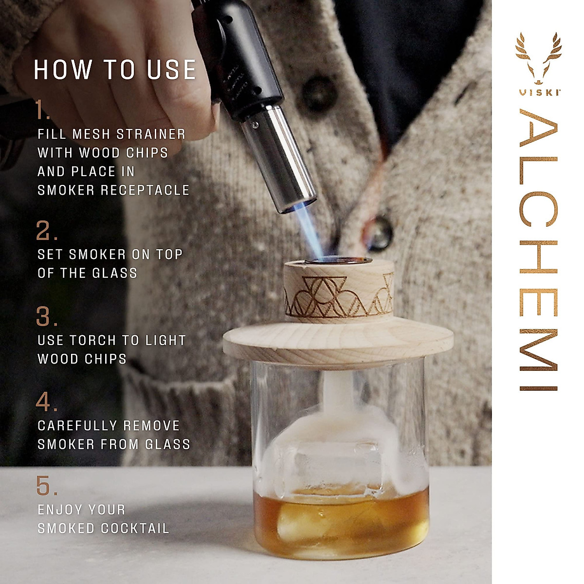 Viski Alchemi Single Serve Smoke Cocktail Kit with Glass and Torch - Smoked Whiskey Kit with Torch - 5 Piece Set