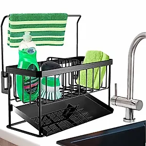 DMJWAN Kitchen Sink Caddy Organizer, 304 Stainless Steel Sponge Holder Sink Caddy for Dish Rags Brush Soap Scrubber with Auto Drain Tray