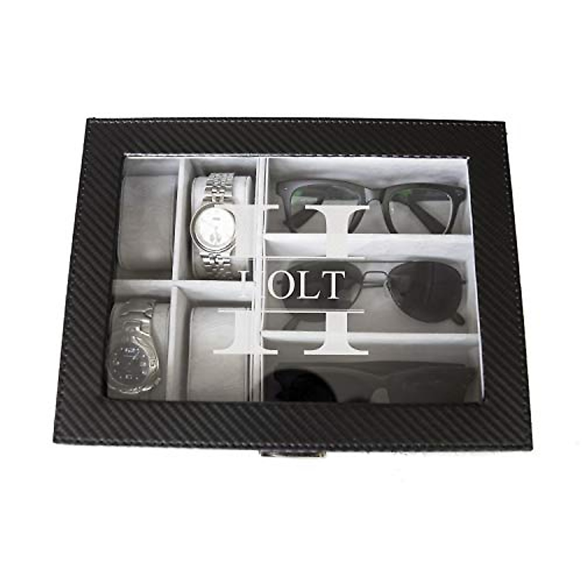 Personalized Engraved Watch Box Organizer for Men with Sunglasses Holder (Set of 5, Stamped Design), Monogrammed Jewelry Box - Unique Groomsmen Gifts for Wedding
