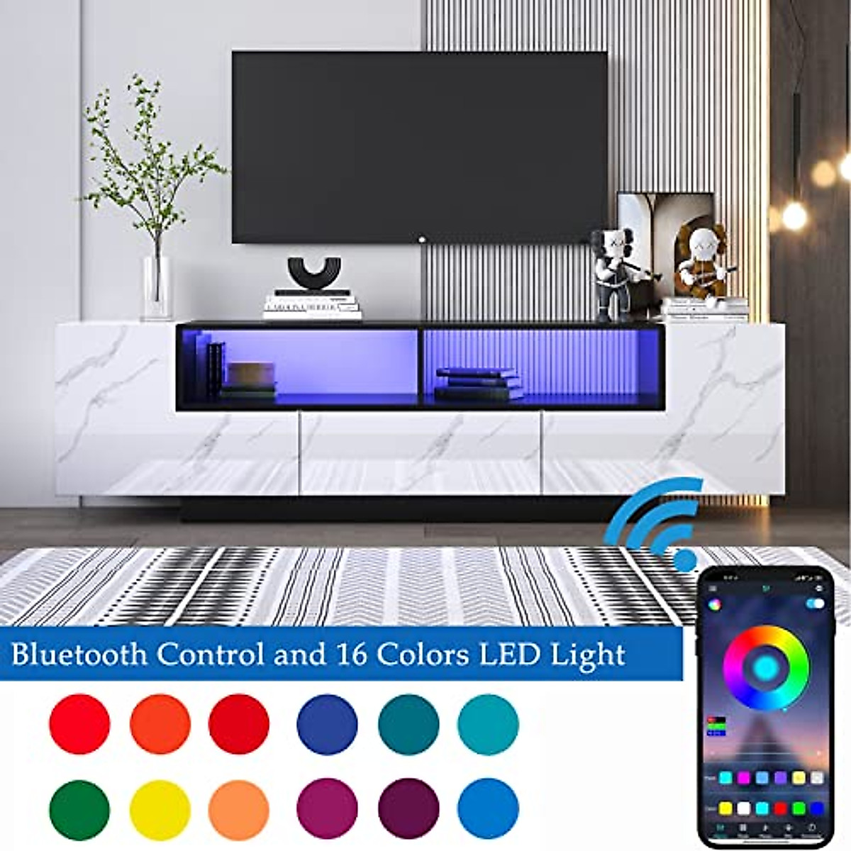 Vinctik 6&Fox 70inch LED TV Stand for 80/75 inch TV,Modern TV Stand for Living Room,TV Console,High Gloss Entertainment Center with Large Storage Drawer,APP LED Light(Marbling)