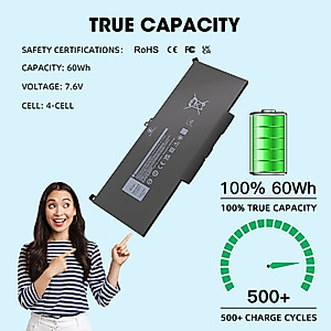 Latitude 7480 7490 Battery F3YGT Laptop Replacement for Dell Latitude 14 7000 7480 7490 12 7280 7290 13 7390 7380 E7480 E7490 E7280 E7290 E7390 Fits KG7VF DM3WC P73G 451-BBYE 2X39G 453-BBCF DM6WC 60Wh