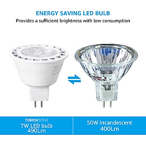 TORCHSTAR MR16 LED Bulb Dimmable, 7W 12V 490LM 50W Equivalent, 5000K Daylight, GU5.3 Bi-Pin Base MR16 LED Spotlight, LED MR16 Light Bulbs for Recessed and Track Lighting, UL & ES Listed, Pack of 6
