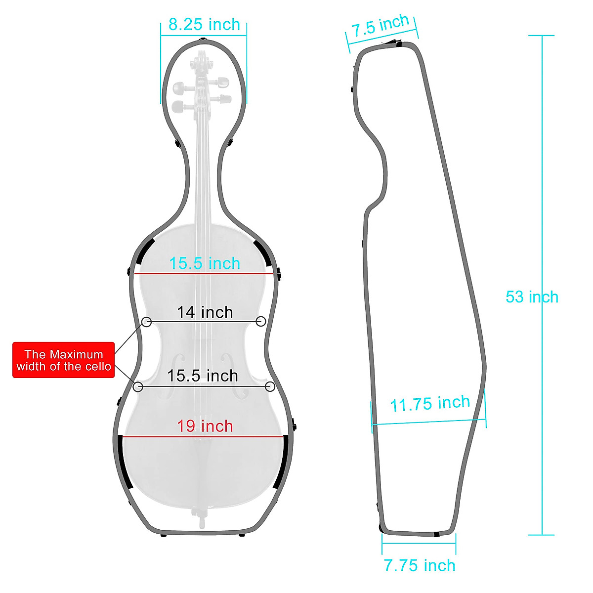 MI&VI CC-7002WB Classic Carbon Fiber Composite Cello Case (Full Size) 4/4 with Wheels | Carry Straps | 12.5lb Lightweight | Tough Shell (White + Bag)