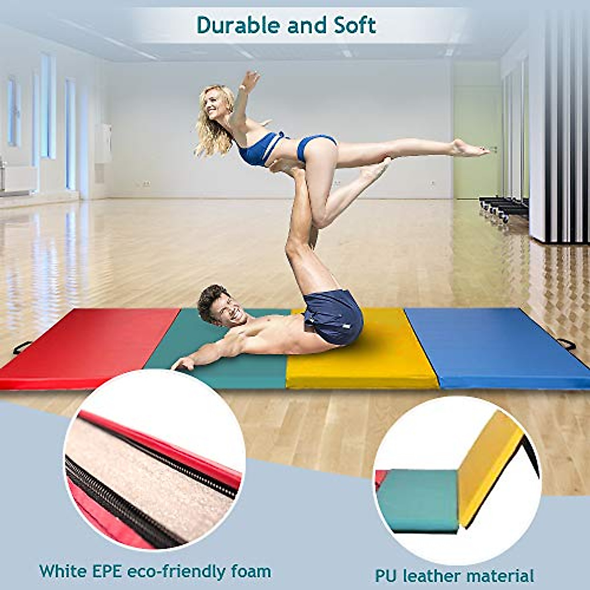 Exercise Mat, Gymnastics Mat Gym Mat 4x8x2 Thick Folding Panel Fitness Training Pad with Carrying Handles Fold Yoga Floor Tumbling Mat for Kids, Home, MMA, Martial Arts, Stretching, Aerobic, Workout