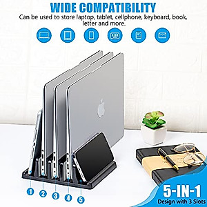 Ryvlan Vertical Laptop Stand, Adjustable 3 Slot Laptop Storage with Rubber Padding, Multiple Laptop Holder for Desk, Premium Plastic MacBook Holder - Ipad Shelf, Kindle, Tablet Storage - Black