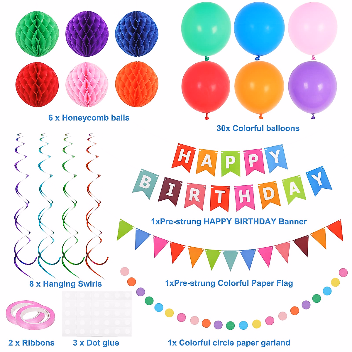 RUBFAC Rainbow Birthday Decorations, Happy Birthday Banner, 6 Honeycomb Balls, 8 Metallic Hanging Swirls, Circle Paper Garland and 30 Balloons
