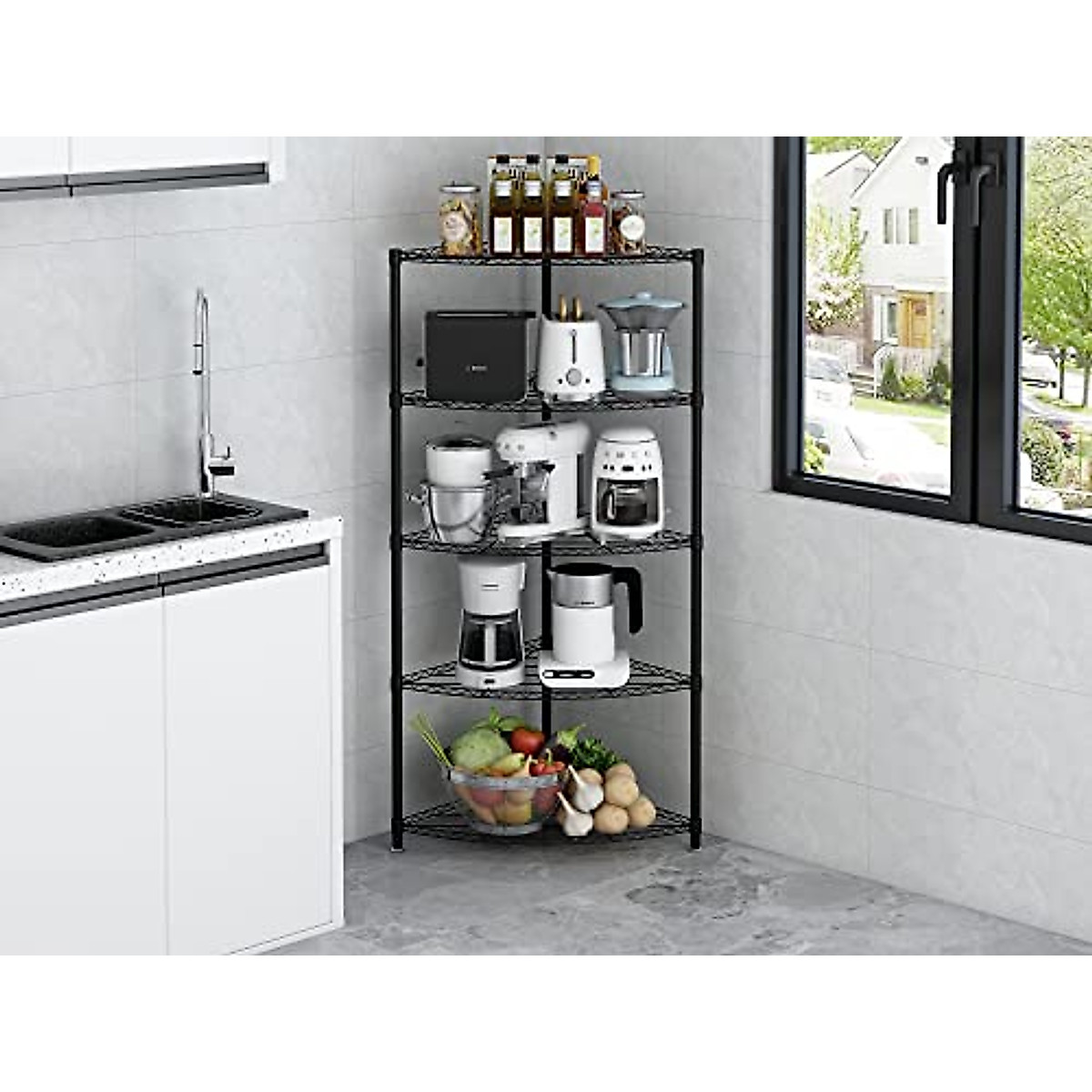 Sasoiky 5 Tier Corner Storage Shelves, Wire Shelving Unit, Metal Shelf, Steel Storage Rack 23.2" L x 17.3" W x 60.8" H for Laundry Bathroom Kitchen Pantry Closet, Black