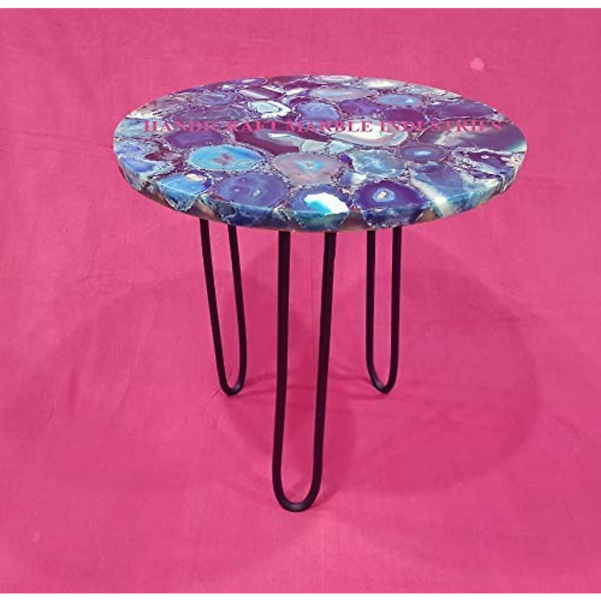 Round Blue Agate Stone 12" x 12' Inch Table with Hair Pin Style Metal Base, Blue Agate Stone Table, Agate Round Corner Table, Agate Side Table Home Decor, Piece Of Conversation