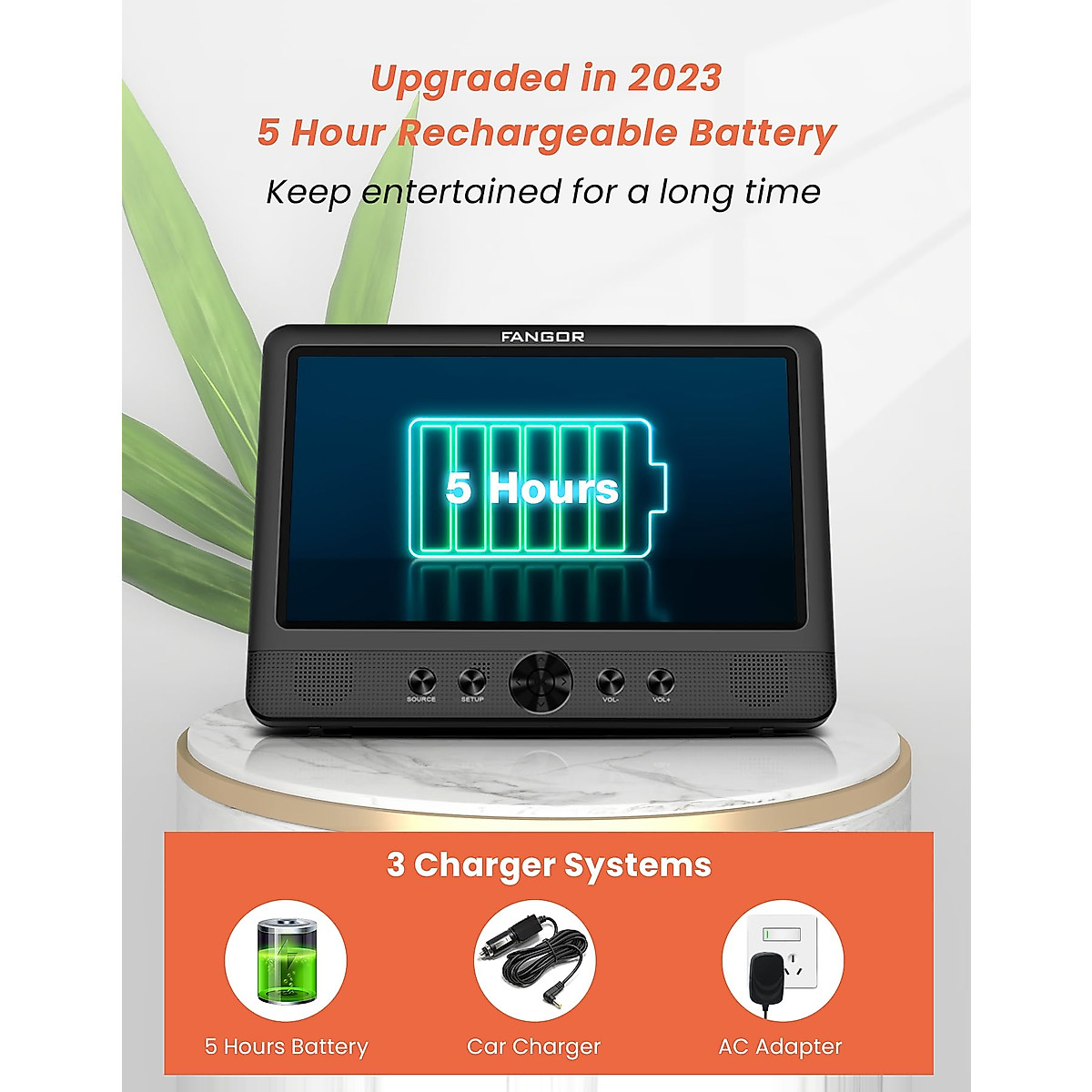 FANGOR 10.5'' Car DVD Player Dual, Portable DVD Player for Car with 5 Hours Rechargeable Battery, Two Mounting Brackets, Support USB/SD, AV Out & in, Last Memory, (1 Player + 1 Monitor)