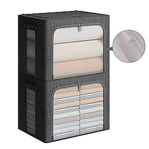 2 Pack Clothes Storage Bins - Foldable Metal Frame Storage Box with Mesh Windows - Stackable Linen Fabric Organizer Set with Carrying Handles