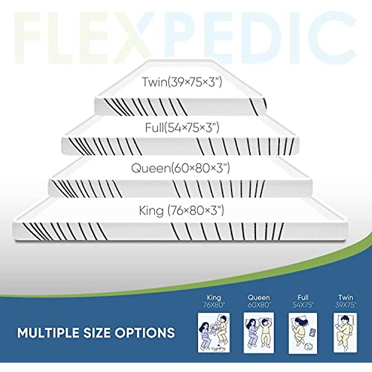 FLEXPEDIC 3D Breathable Mesh Cover and Coconut Shell Carbon Twin Memory Foam Firm Mattress Topper 2 Inch, Double-Sided Cooling Pad with Non-Slip Ventilated Cover, Pressure-Free Mattresses Toppers