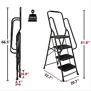 FOOWIN Step Ladder, 4 Step Folding Ladder with Handrails, Portable Steel Step Stool Wide Pedal Ladder Non-Slip Step Ladders for Home Office Kitchen with Detachable Tool Bag (4 Step)