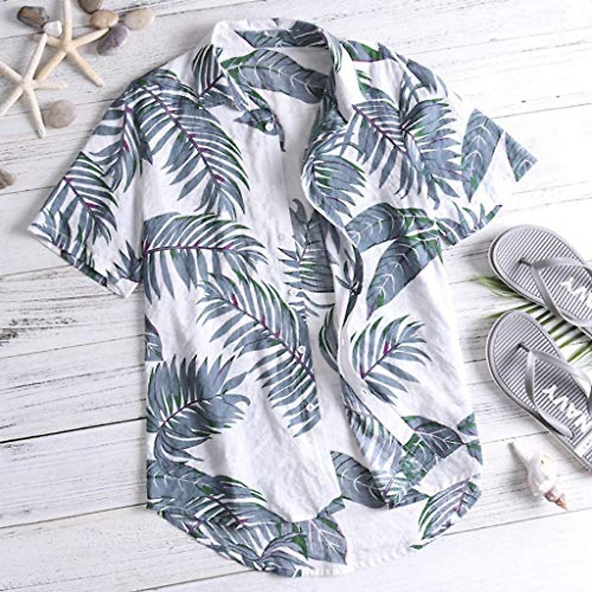 YOMXL Men's Classic T-Shirt Casual Button Print Hawaii Beach Tops Casual Short Sleeve Tee Lapel Top Gray